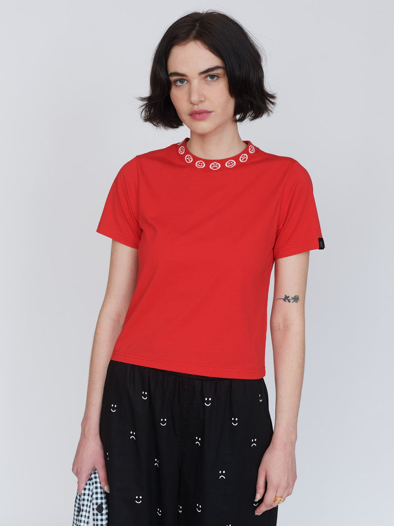 Red Jacquard Collar Fitted Tee – Lazy Oaf