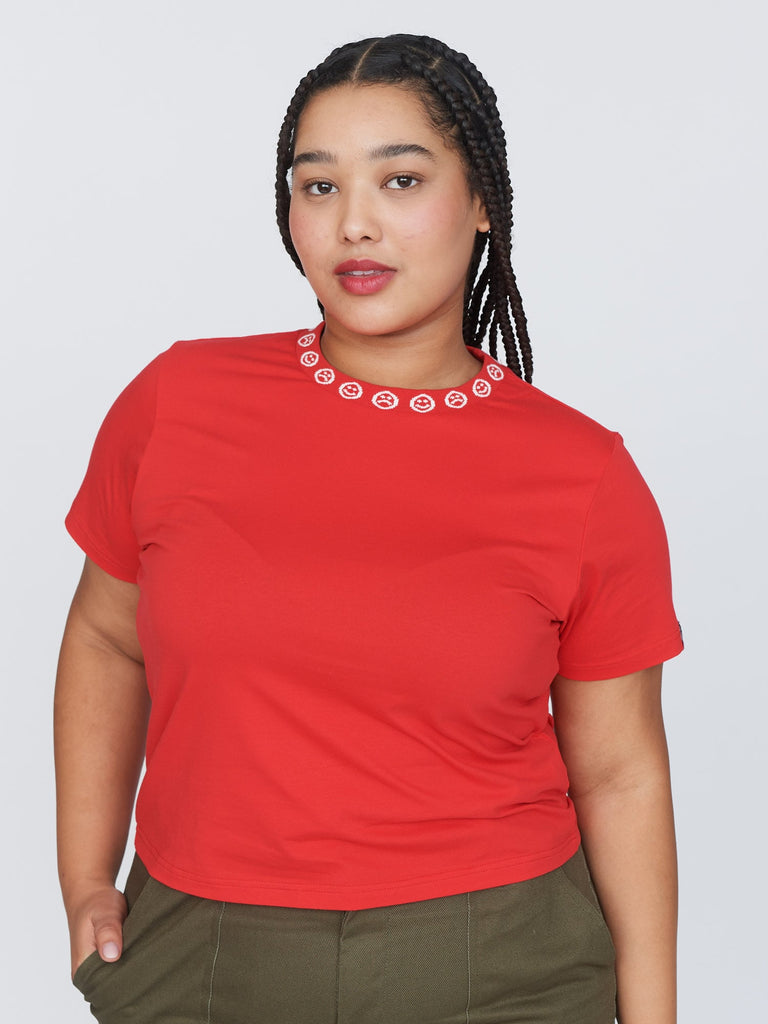 Red Jacquard Collar Fitted Tee – Lazy Oaf